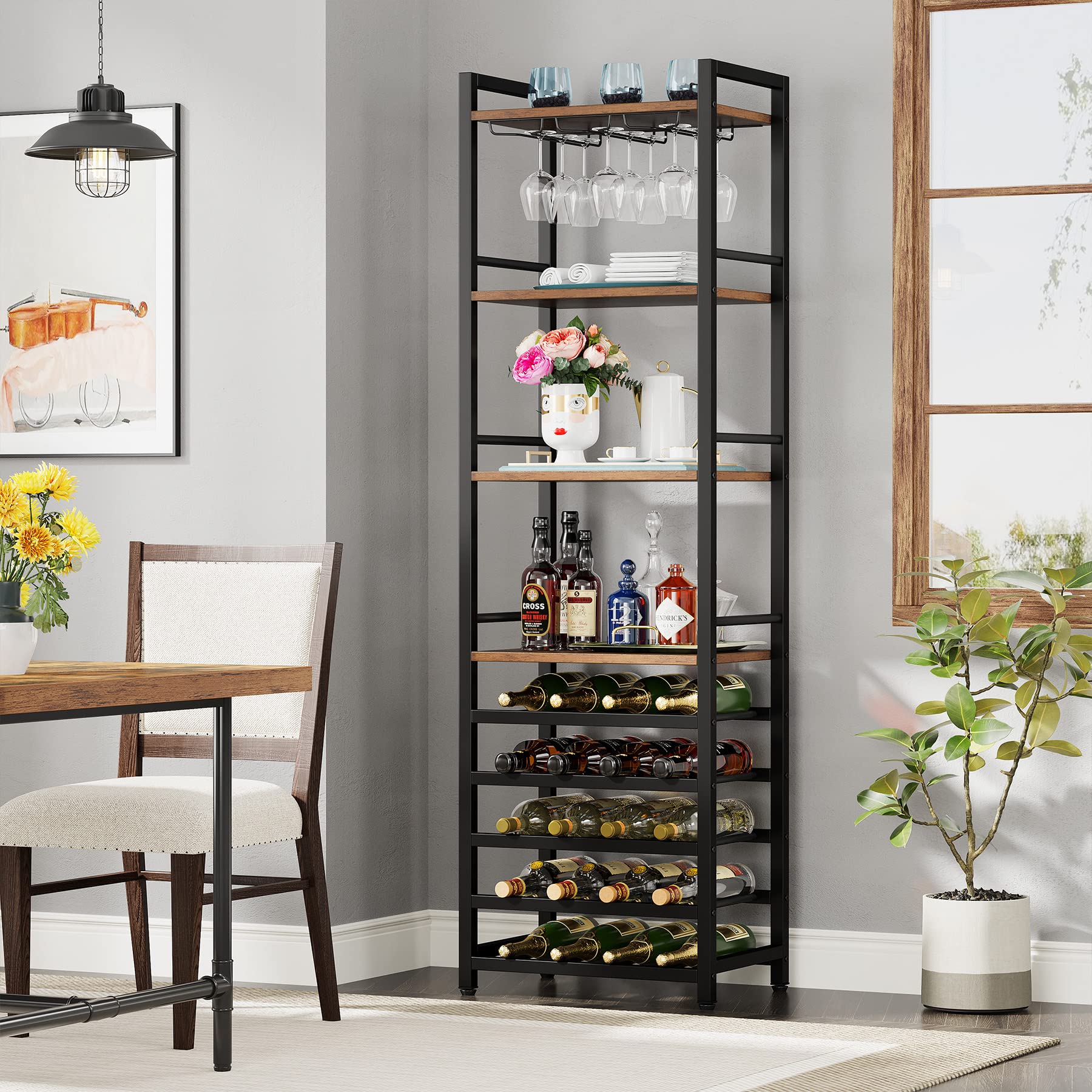 Tribesigns 20 Bottle Wine Bakers Rack, 9 Tier Freestanding Wine Rack with Glass Holder and Storage Shelves, Multi-Function Wine Bar Cabinet Bottle Holder for Kitchen, Dining Room, Rustic Brown