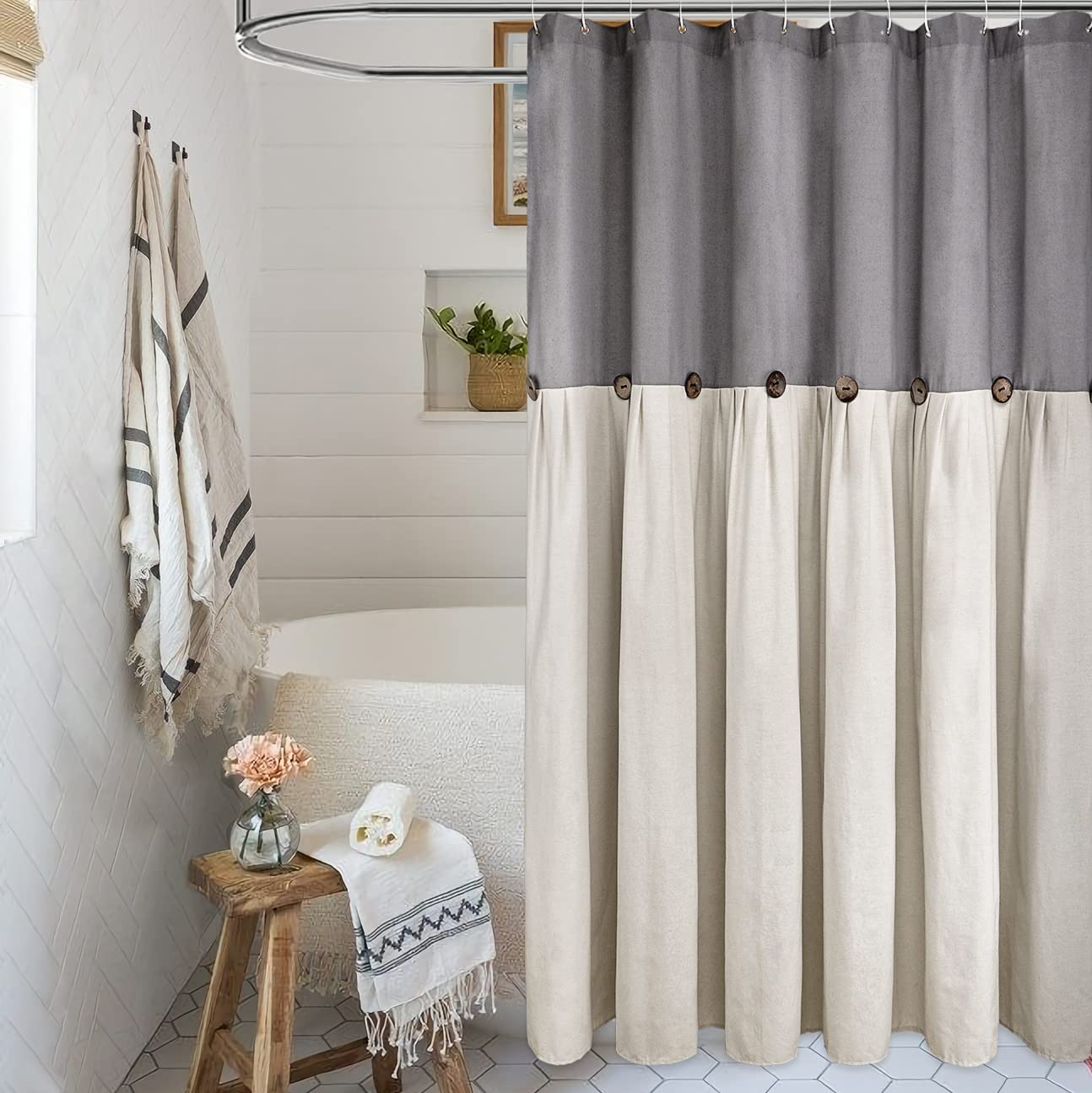 Reisen Linen Farmhouse Shower Curtain Button Gray and Off White Shower Curtains for Bathroom, 72" x 72"