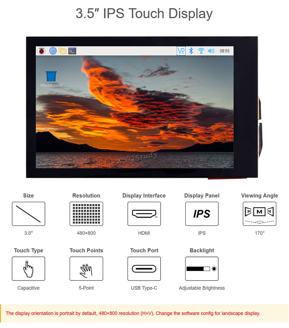 XYGStudy 3.5inch IPS 480×800 HDMI Capacitive Touch LCD Adjustable Brightness Display Panel Supports Raspberry Pi Jetson Nano Supports Windows 11 / 10 / 8.1 / 8 / 7 PC
