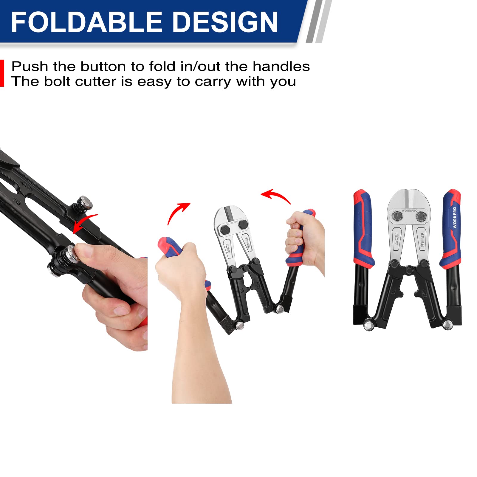 WORKPRO 18-Inch Foldable Bolt Cutter, Tri-Material Handle with Comfort Grip, Chrome Vanadium Steel Blade, for Rods, Bolts, Rivets, Wires, Cables and Chains