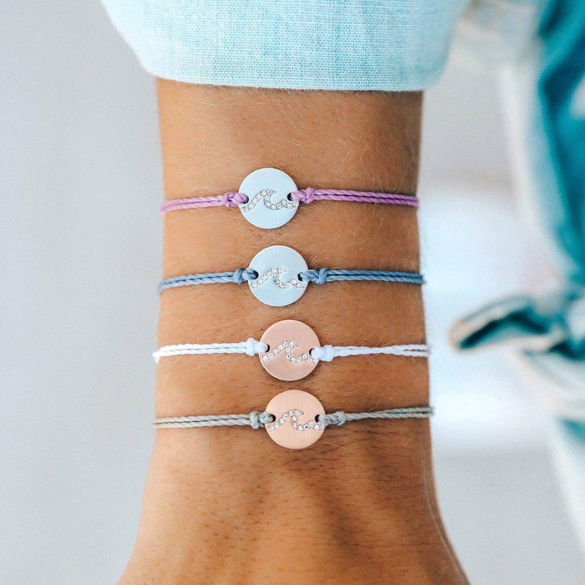 Pura Vida Silver Pave Wave Coin Bracelet - 100% Waterproof, Adjustable Band - Brand Charm, Blue Steel