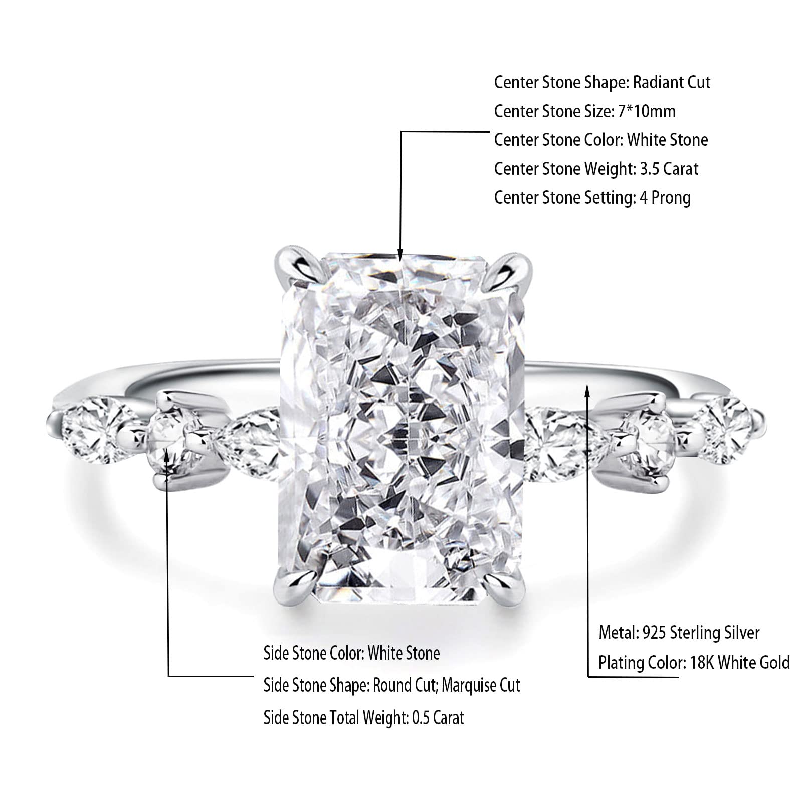 RODIFFY 3.5CT Radiant Cut Engagement Ring for Women, White Sapphire Simulated Diamond,18K White Gold Plated 925 Sterling Silver Promise Ring