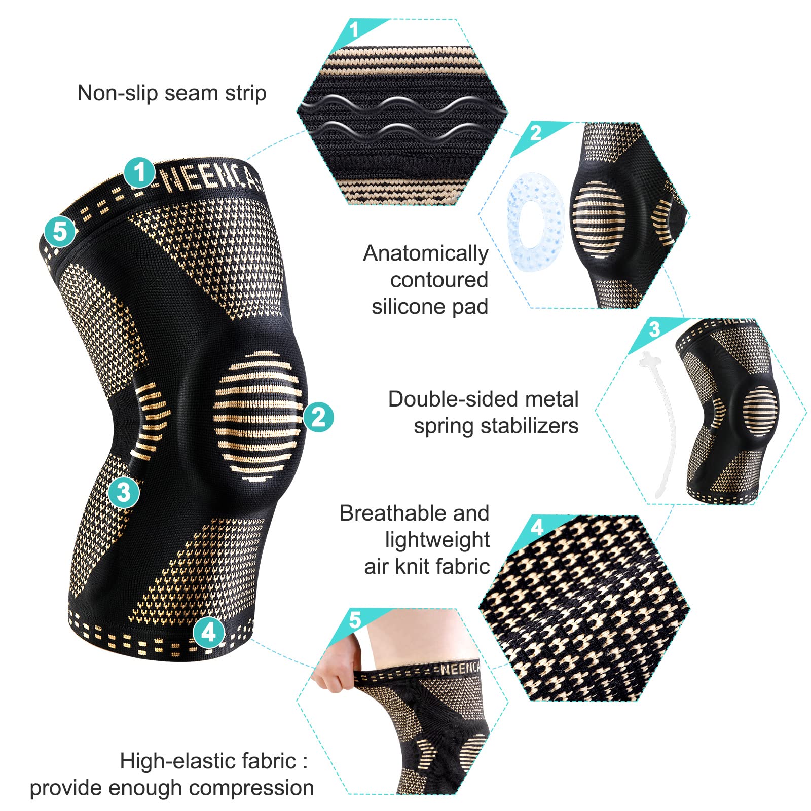NEENCA Copper Knee Brace, Professional Knee Support with Patella Gel Pad & Side Stabilizers, Plus Size Compression Sleeves for Knee Pain, Sports, Workout, Arthritis, ACL, Joint Pain Relief - Single