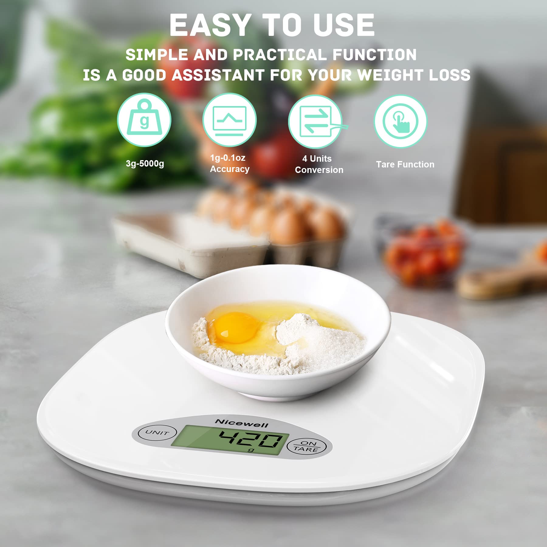 Nicewell Food Scale for Weight Loss, Digital Kitchen Scale for Food Ounces and Grams, 5kg/11lbs Max, 1g/0.1oz Increment for Cooking, Baking