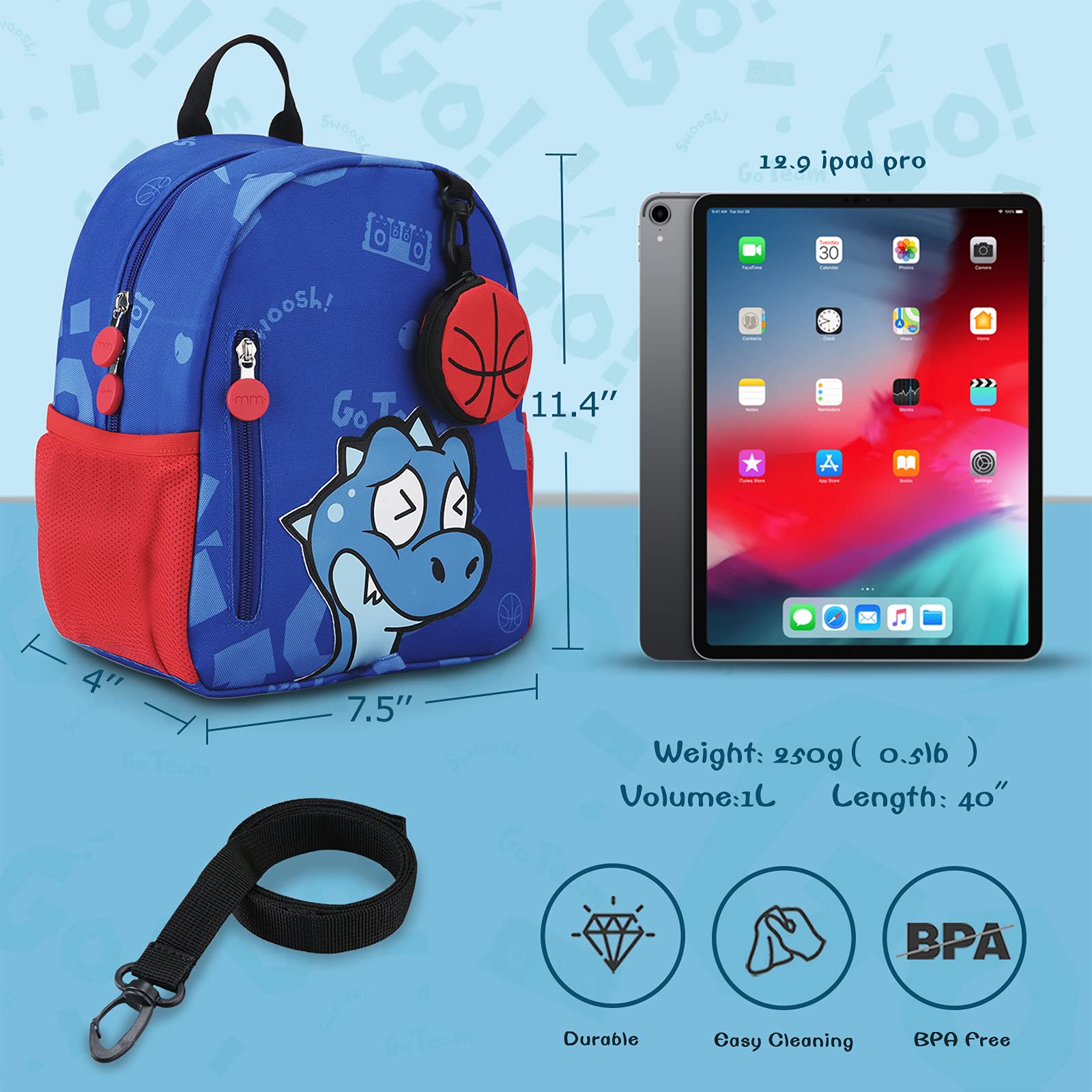 mommore Dinosaur Backpack With Safety Harness Leash Water-resistant, Blue