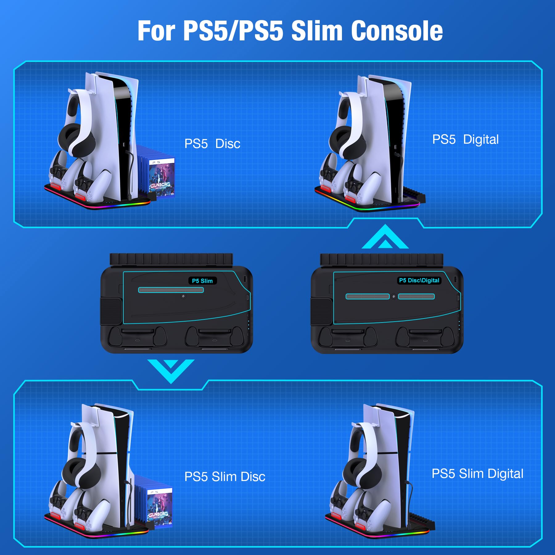 PS5 Stand Cooling Station with Controller Charging Station for Playstation 5 Console, PS5 Accessories with Cooling Fan for PS5 Digital & Disc, Headset Holder, 11 Slot-White (Not Fit 2023 PS5 Slim)