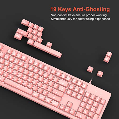 NACODEX DKS100 Wired Membrane Keyboard 104 Keys with Mechanical Feel - White Backlight Computer Keyboard - 19 Anti-Ghosting Keys Floating Keyboard (Pink)