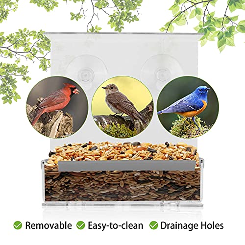 Window Bird Feeder 2 Pack, Bird House for Outside, Window Bird Feeder with Strong Suction Cups and Removable Seed Tray with Drain Holes. Outdoors Birdfeeder for Wild Birds, Cardinal, Bluebird