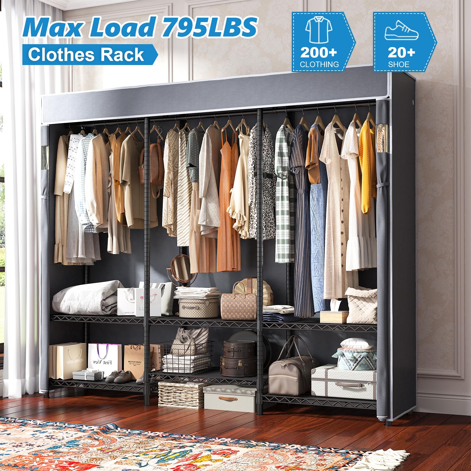 Raybee Heavy Duty Clothes Rack with Cover Loads 795 LBS Clothing Racks for Hanging Clothes Portable Closet Metal Clothes Racks for Hanging Clothes Wire Garment Rack 56" W* 16" D*75.5" H