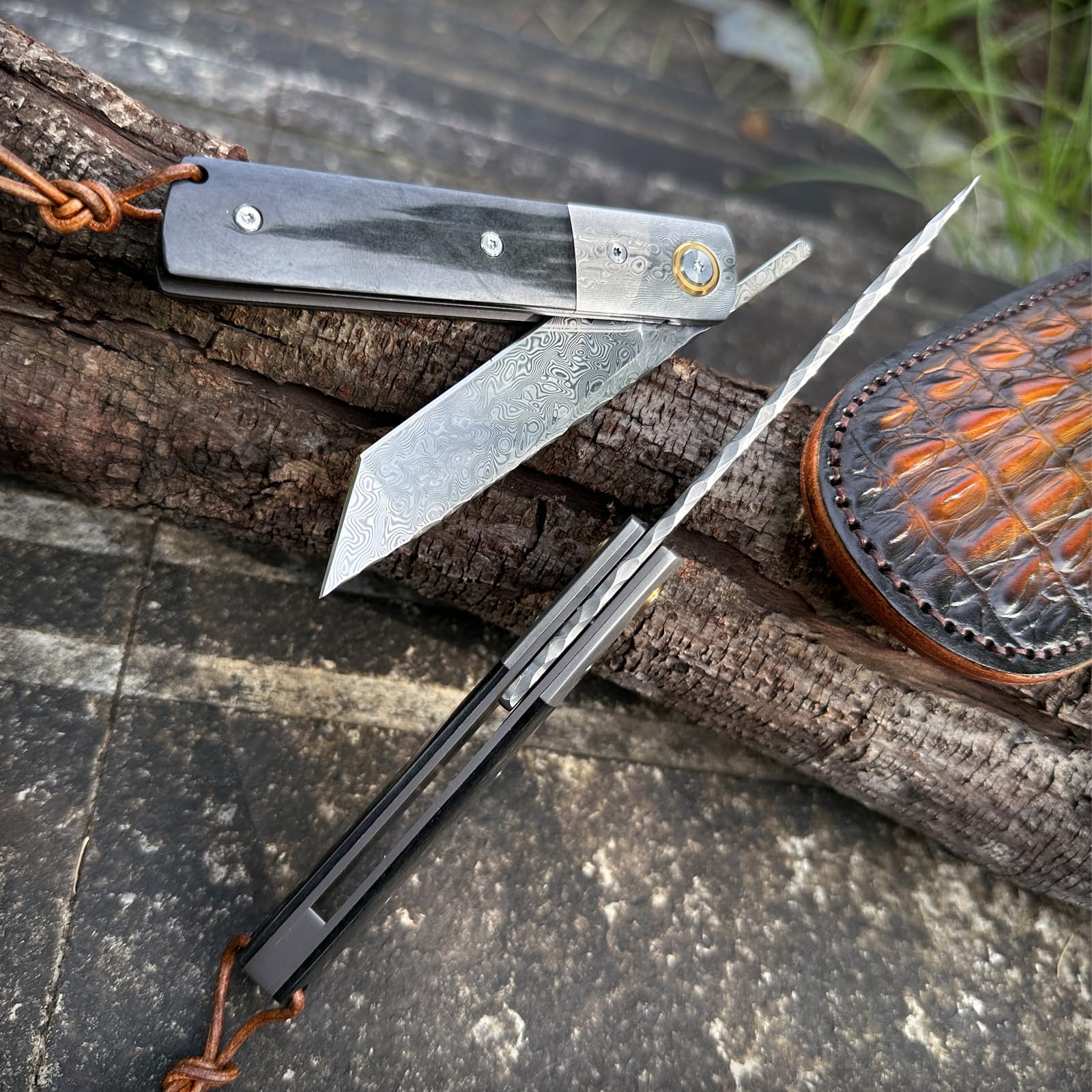 MINOWE Japanese Damascus steel steel pocket knife，Handmade 3-inch high hardness sharp blade，With Leather Sheath ，Ceramic steel ball bearings+Frame Lock ，Cowbone handle，for home and outdoor Folding Pocket Knife