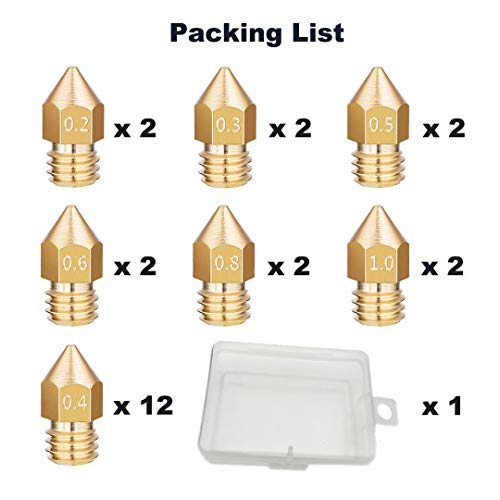 Mussokina 24PCS 3D Printer Nozzles MK8 Extruder Nozzles 0.2mm, 0.3mm, 0.4mm, 0.5mm, 0.6mm, 0.8mm, 1.0mm for Ender 3 5 Makerbot Creality CR-10 with a Storage Box