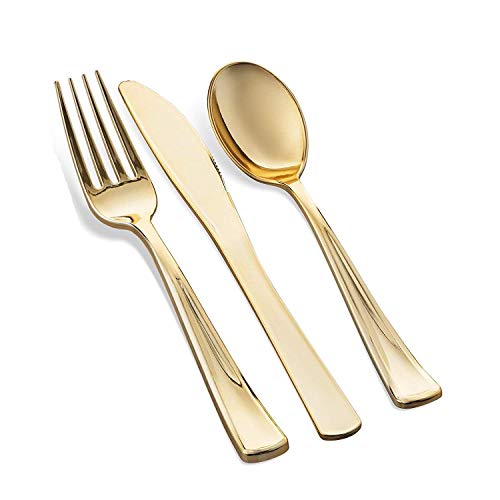 Munfix 700 Piece Gold Dinnerware Set - 200 Gold Rim Plates - 300 Gold Silverware - 100 Gold Plastic Cups - 100 Linen Like Gold Paper Napkins, 100 Guest Disposable, Gold