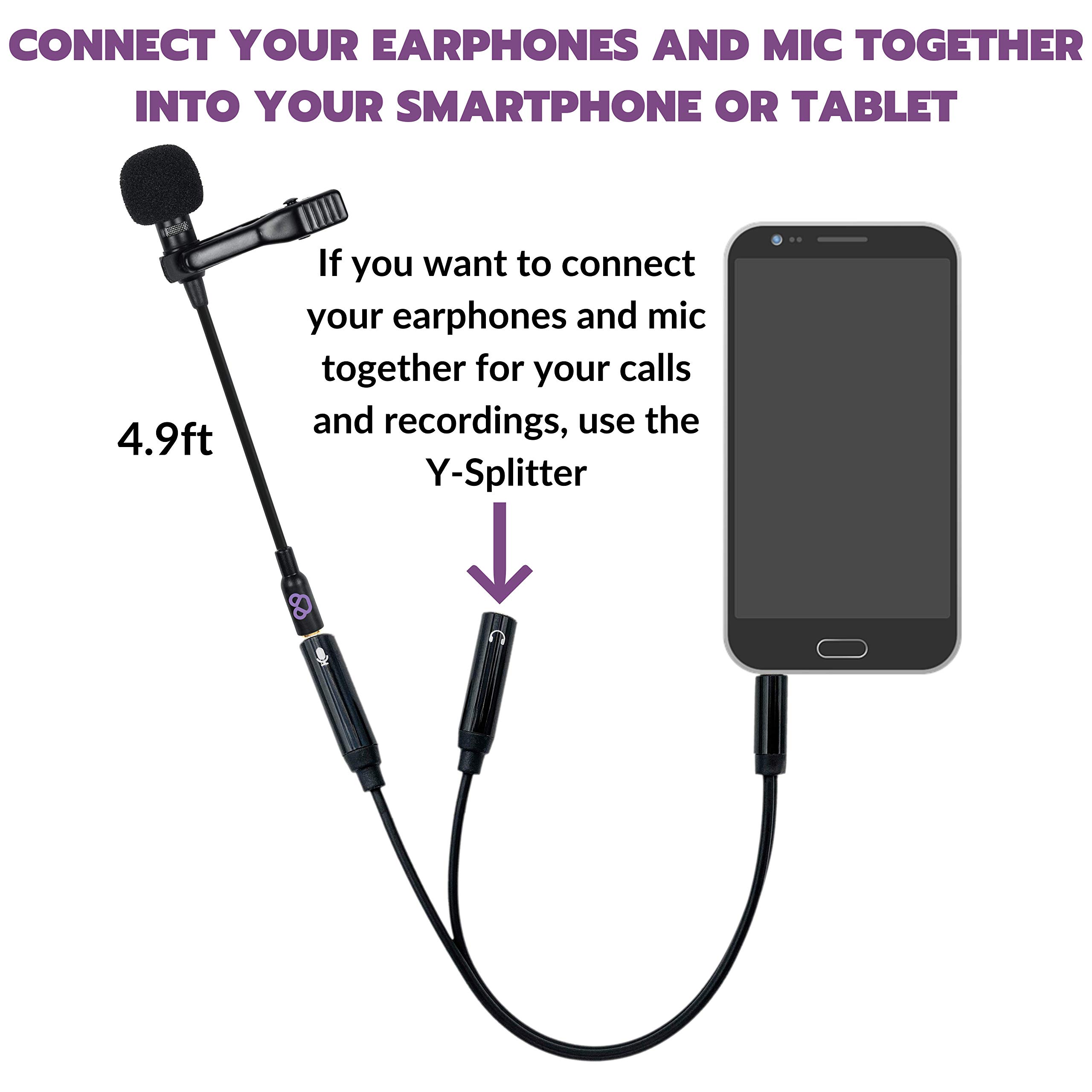 Purple Panda Smartphone Lavalier Lapel Microphone with 3.5mm Plug - Omnidirectional Condenser Clip On Lav Mic Kit - Compatible with iPhone, Android, Samsung, iPad, Tablets - Skype/Zoom, Video Calls