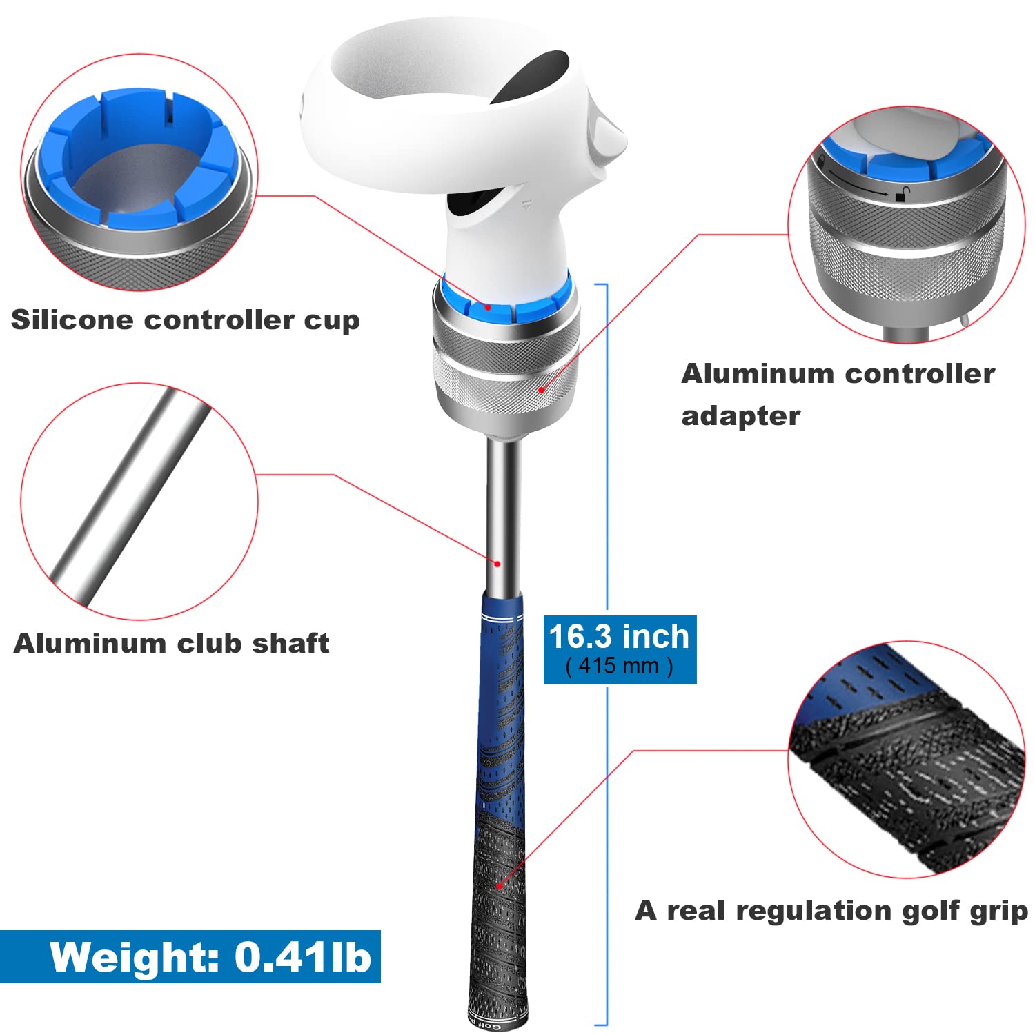VR Golf Club Handle Accessory for Oculus Quest 2/Meta Quest Pro - Aluminum Case and Shaft with Real Golf Grip - Quest 2 Golf Club Attachment Compatible with Left and Right Controller Silver