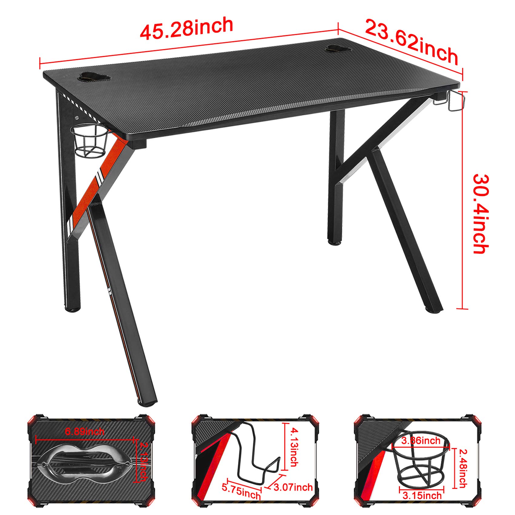 Mr IRONSTONE Gaming Desk 45.2" W x 23.6" D Home Office Computer Desk, Gamer Workstation with Socket of 3-Outlet & 2 USB Ports, Cup Holder, Headphone Hook and Cable Management (Red)