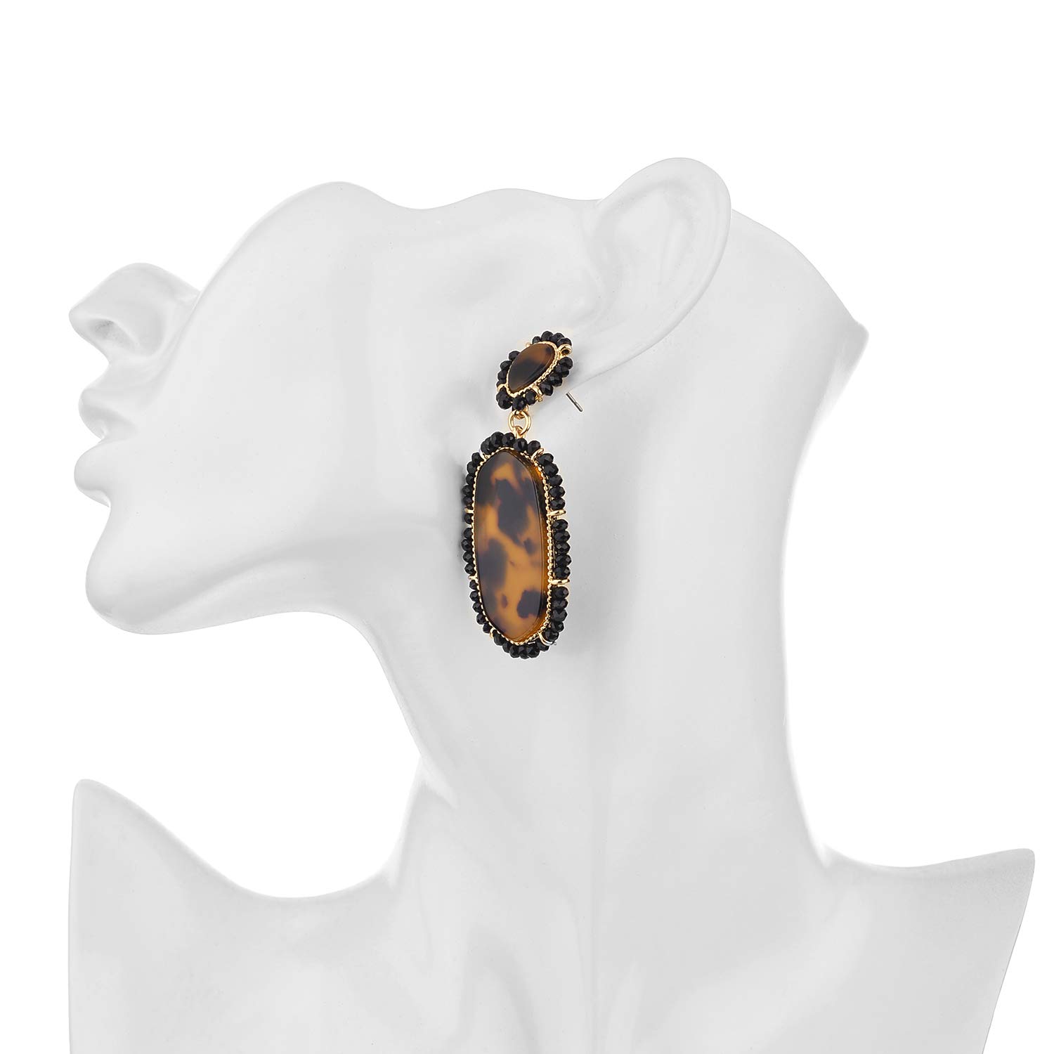 Nicole Miller New York Large Leopard Print Oblong Shaped Acrylic Black Beads Fashion Dangle Earrings