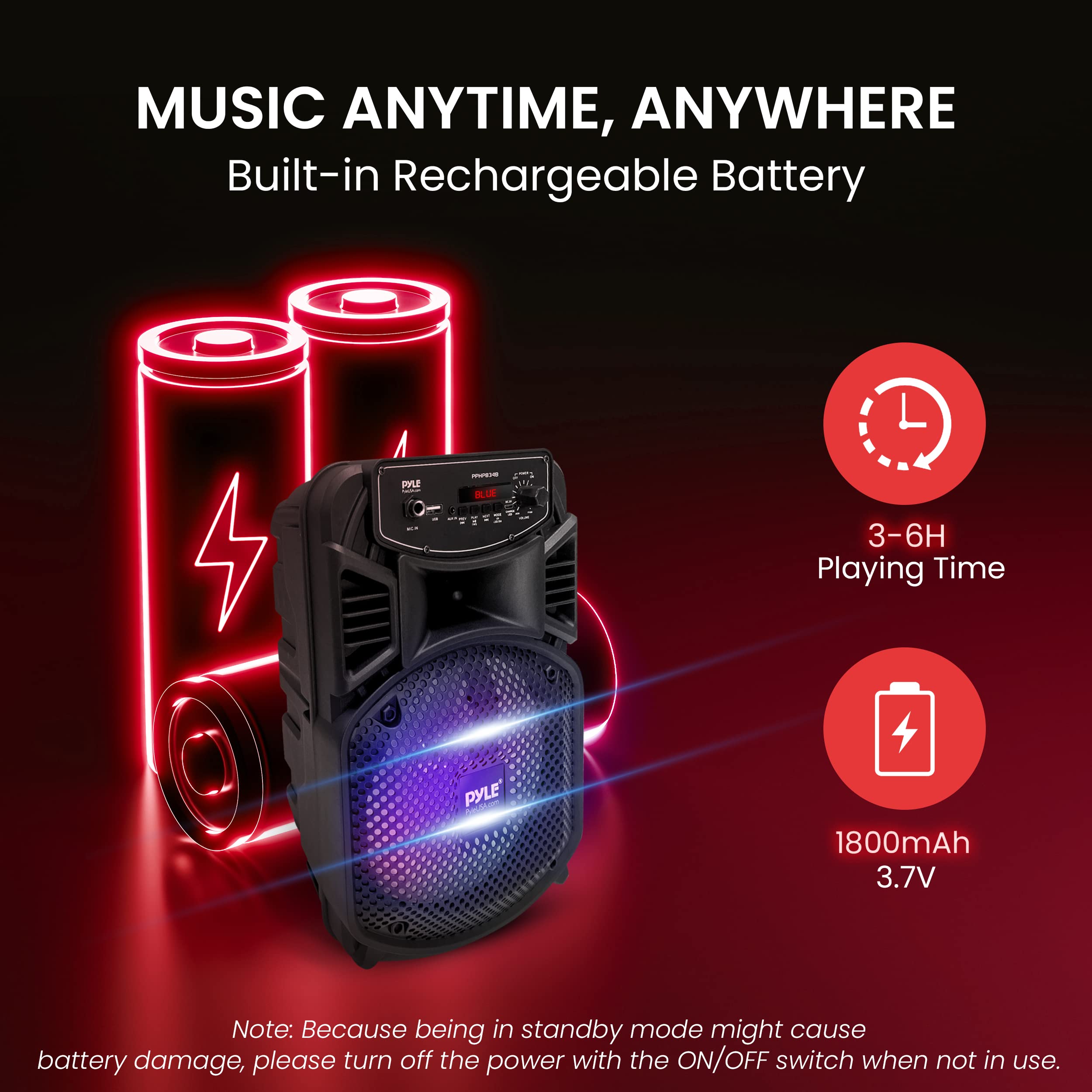Pyle Portable Bluetooth PA Speaker System-300W Rechargeable Indoor/Outdoor Bluetooth Speaker Portable System w/ 8β Subwoofer 1β Tweeter, Microphone in, Party Lights, MP3/USB, Radio, Remote PPHP834B