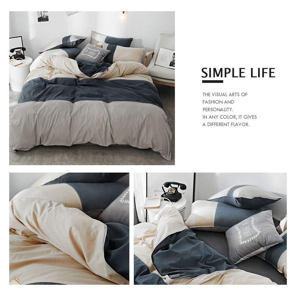 mixinni Super Soft Cotton 3 Piece Grey/Beige Striped Patchwork Queen/Full Duvet Cover Set with Zipper Ties,includes 1 Duvet Cover, 2 Shams