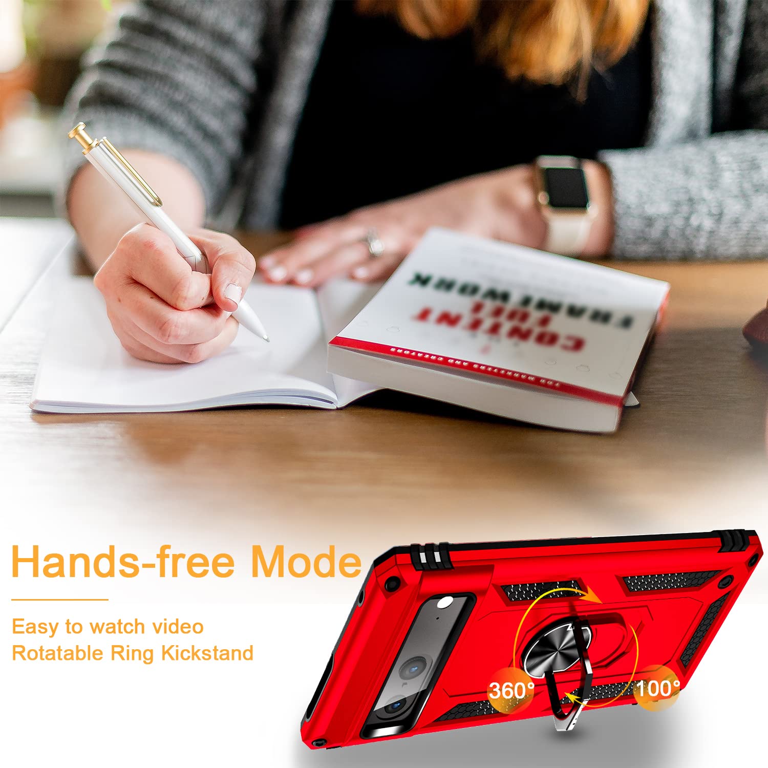 Muntinfe for Google Pixel 7 Case with Tempered Glass Screen Protector [2 Pack], Military-Grade Armor Shockproof Protective Phone Case Cover with Ring Magnetic Kickstand for Pixel 7, Red