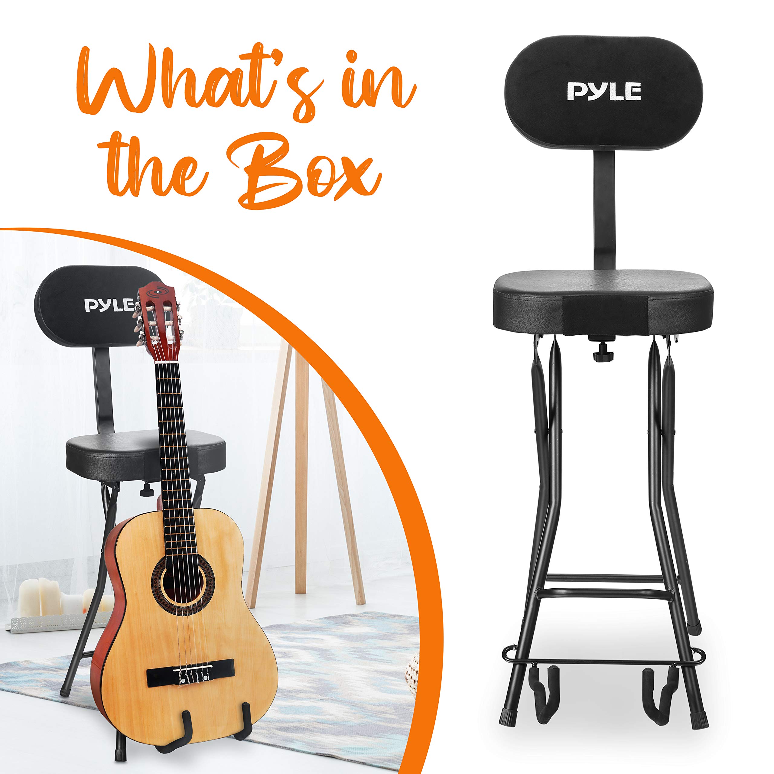 Pyle Seat with Padded Cushion-Heavy-Duty Ergonomic Backrest w/Fold Stand, Foot Rest, Collapsible Design, Holds Acoustic, Electric & Bass Guitars, 300 Lbs Max Load Capacity PYG60
