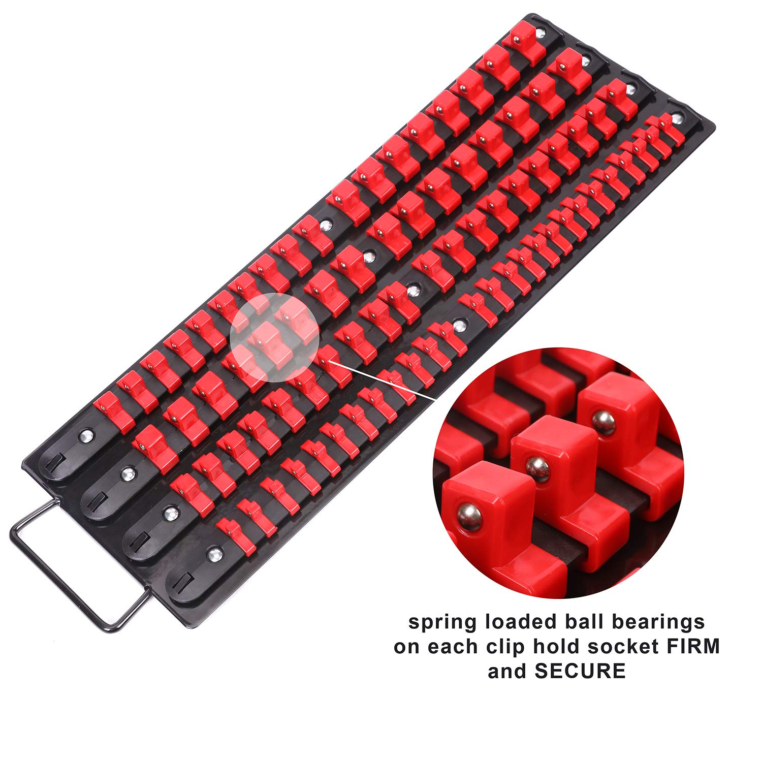 Mayouko 80-Piece Portable Socket Organizer Tray, 1/4-Inch, 3/8-Inch, 1/2-Inch,Heavy Duty Socket Rail, Black Rails with Red Clips,Drive Socket Clip Rail Holder