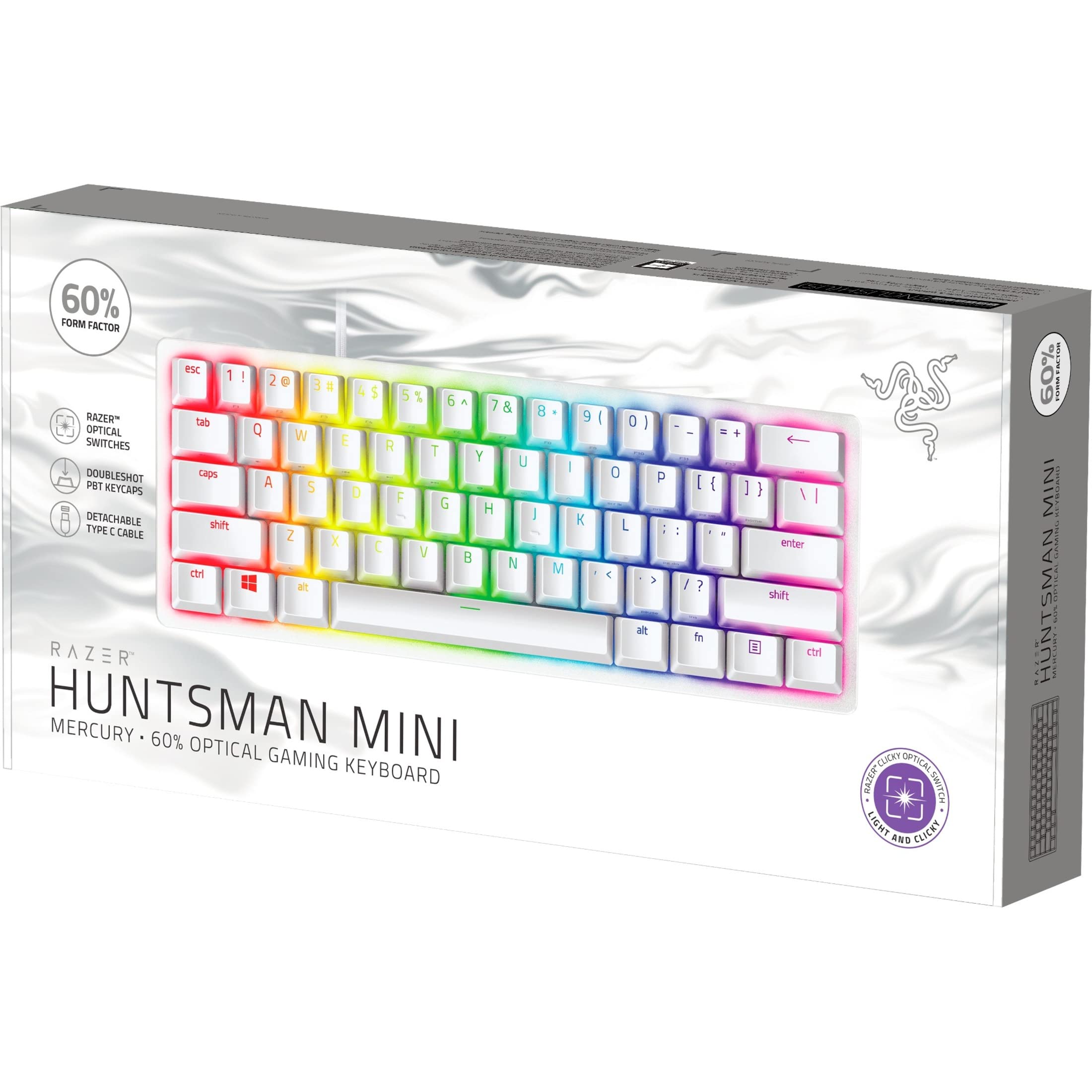 Razer Huntsman Mini 60 Percent Wired Optical Clicky Switch Gaming Keyboard with Chroma RGB Backlighting, PBT Keycaps, Mechanical Keyboards for PC Gaming Computer, Mercury White (Renewed)