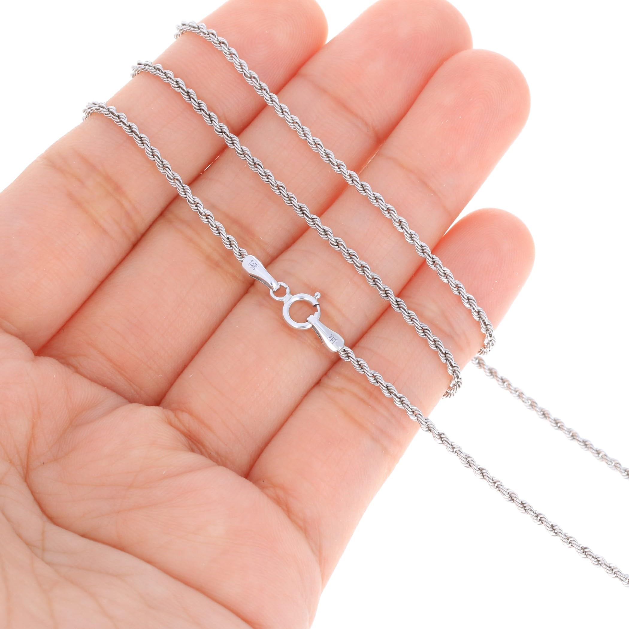 Nuragold 14k White Gold Dainty 1.5mm Rope Chain Diamond Cut Womens Mens Pendant Necklace, 14" 16" 18" 20" 22" 24" 26"