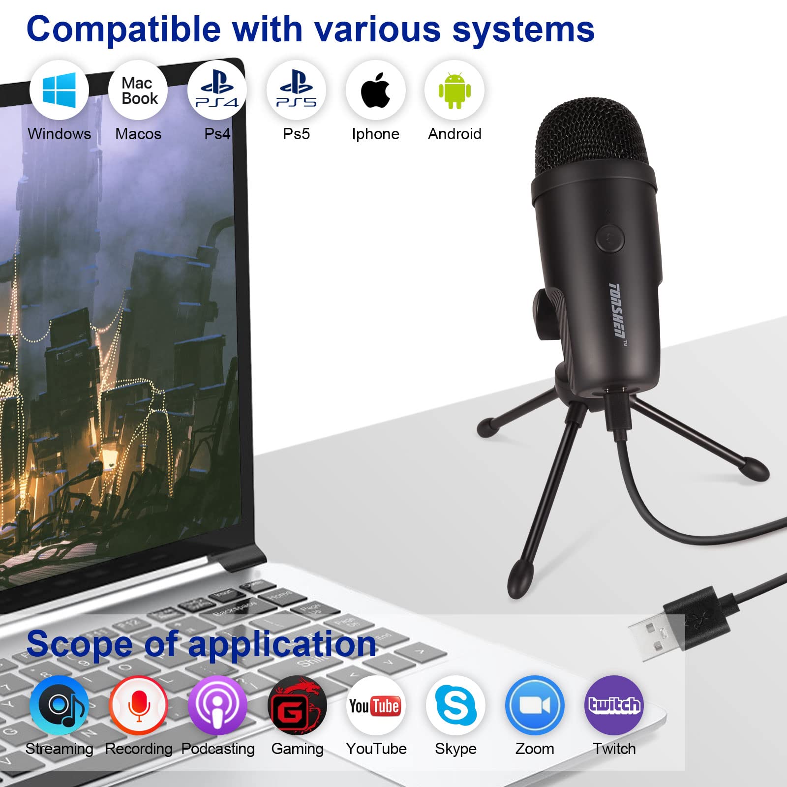 Tonshen USB Podcast Microphone Condenser Microphone for PC and Laptop Podcast Equipment Bundle Gaming Mic Studio Microphone for Singing, Vocal Recording, Streaming Supercardioid Pickup Pattern