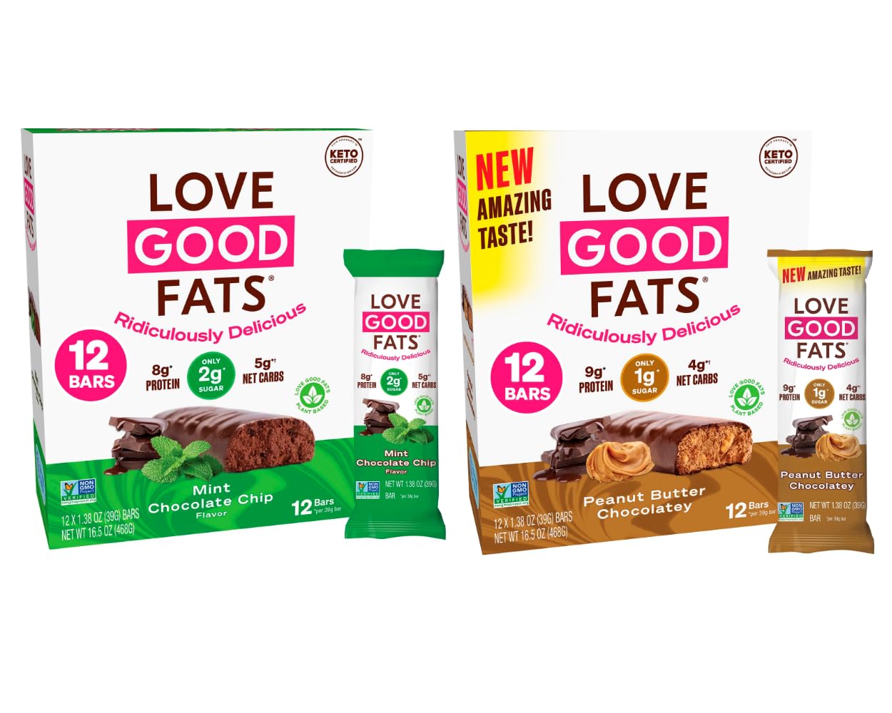 Love Good Fats Mint Chocolate Chip and Truffle Peanut Butter Chocolate - Plant-Based Protein Snack, Low Carb, Low Sugar, Gluten Free, Non GMO, 12 Pack