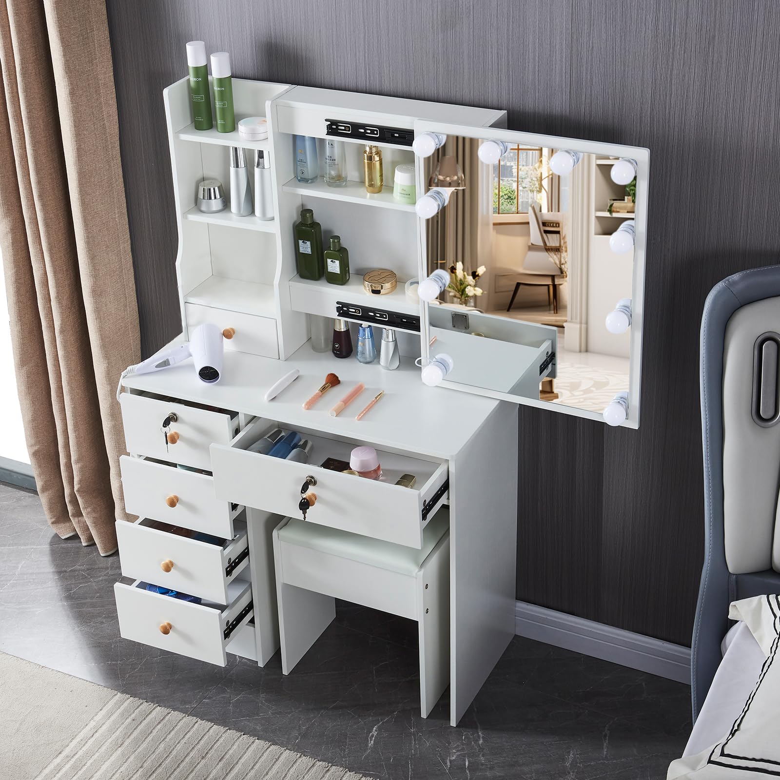 Makeup Vanity Dressing Table with 3 Color Lighting and Mirror, Vanity Set with Cushioned Stool and Drawers, Shelves for Bedroom, Dressing Room