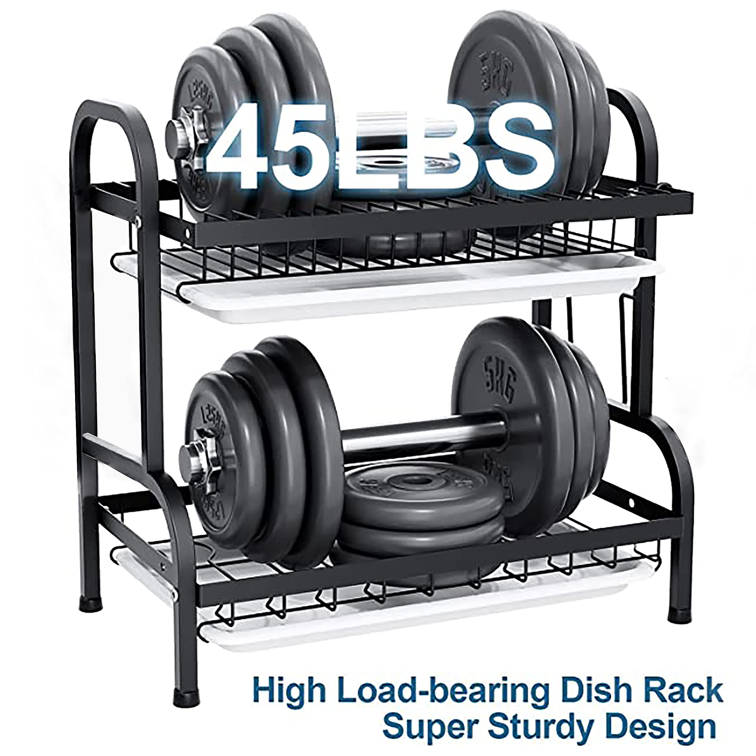 PEAKXCAN Dish Drying Rack, 2 Tier Rust-Resistant Dish Rack Small Dish Drainer with Drainboard Tray, Dish Racks for Kitchen Counter, Durable Stainless Steel Kitchen Drying Rack, Black