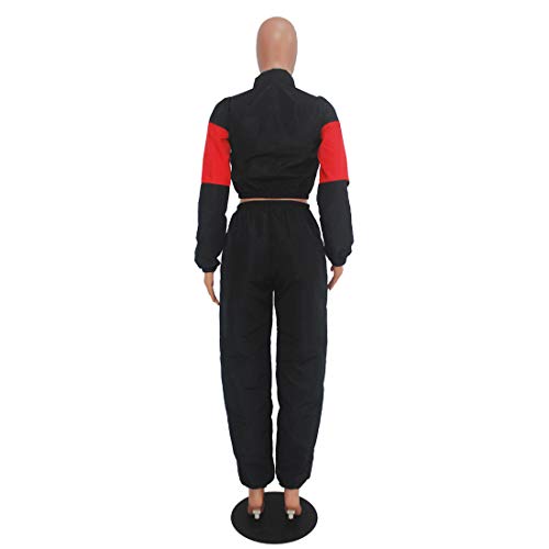 Ophestin Womens Letter Print 2 Piece Outfits Patchwork Windbreaker Tracksuit Set Black Size XL