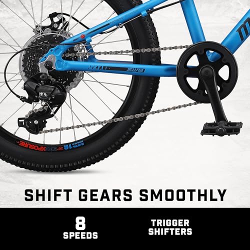 Mongoose Switchback Kids Mountain Bike with 20-Inch Wheels in Blue, Aluminum Hardtail Frame, 8-Speed Drivetrain, and Mechanical Disc Brakes