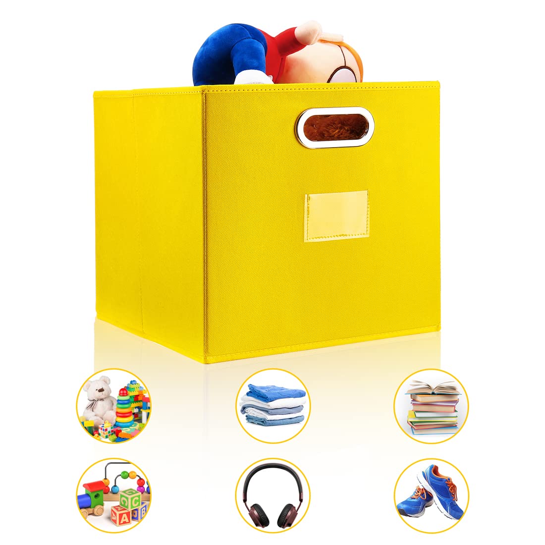 Robuy Cube Storage Bins,13 inch Storage Bin,4-Pack Yellow Storage Boxes with Dual Metal Handles for Organizing Shelves,Closet,Nursery,Home