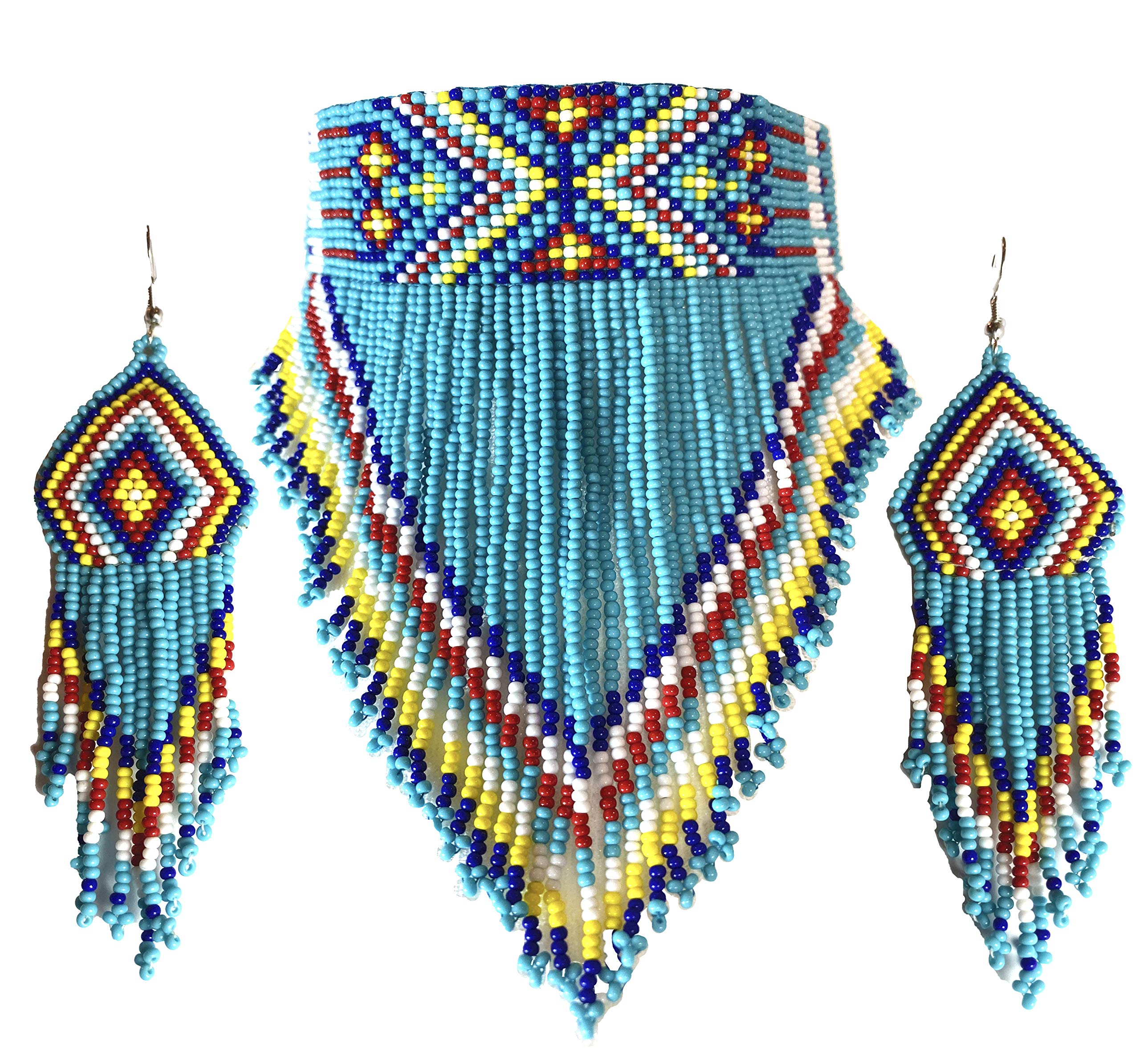Native Style Seed Beads Beaded Choker Bib Statement Necklace (Blue)