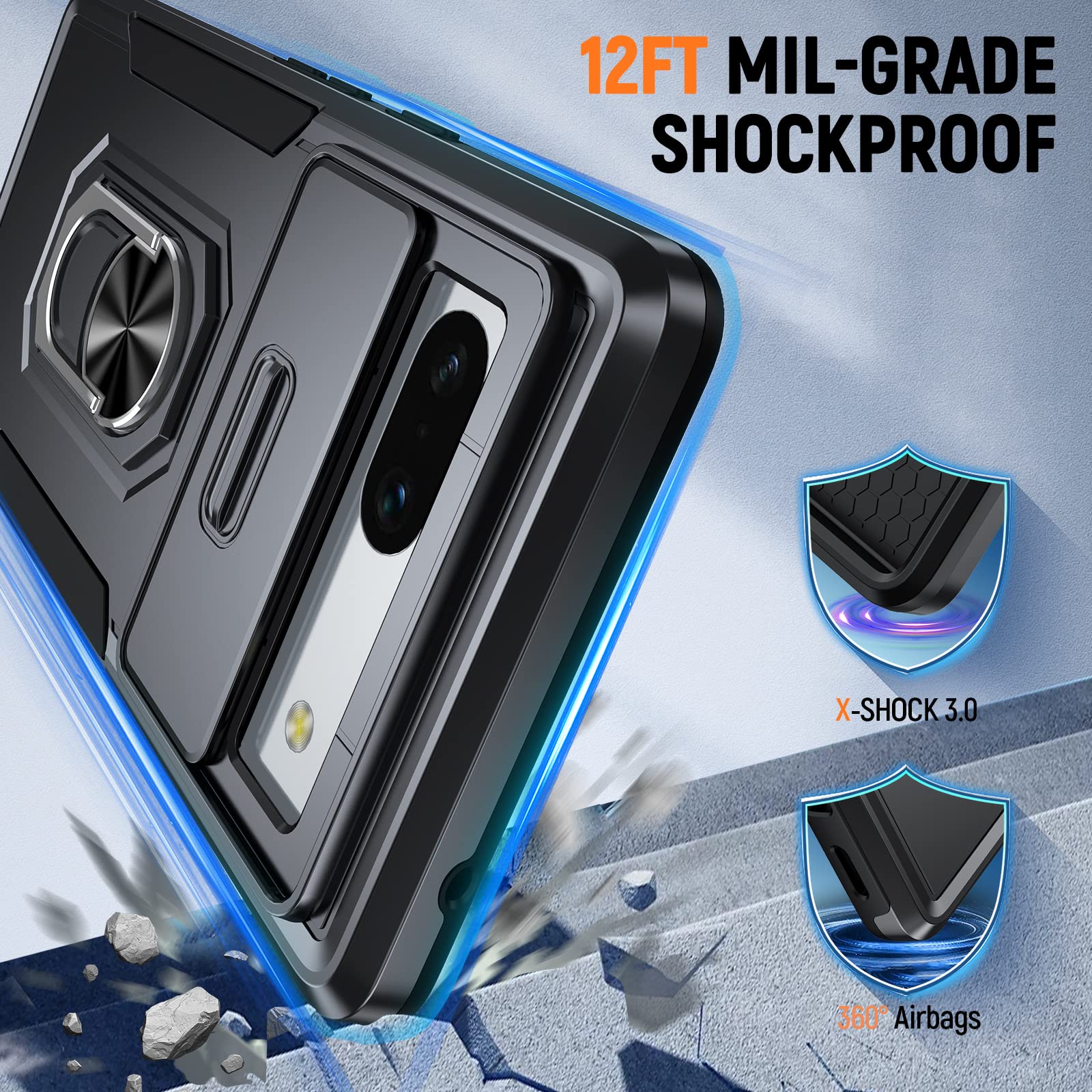 Oneagle for Google Pixel 7a Case with Screen Protector(2Pcs), Pixel 7a Phone Case with [Slide Camera Lens Cover]+[360° Rotatable Metal Kickstand] Military Grade Shockproof Case for Pixel 7A 6.1"