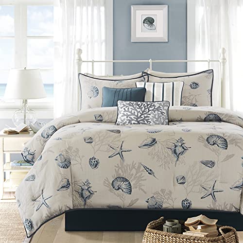 Madison Park 100% Cotton Comforter Set - Coastal Coral, Starfish Design All Season Down Alternative Cozy Bedding with Matching Shams, Decorative Pillow, King(104"x92"), Taupe 7 Piece