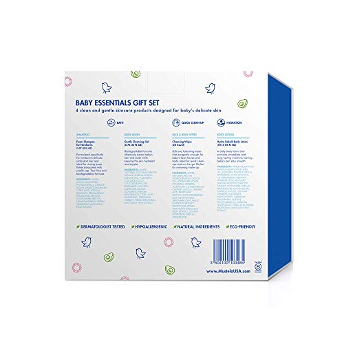 Mustela Baby Essentials Gift Set - Baby Skincare & Bath Time Essentials - Natural & Plant Based - 4 Items Set