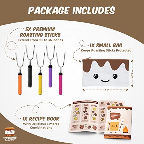 The S’mores Company - Marshmallow Roasting Sticks, Telescoping Smores Skewers for Fire Pit with Storage Bag, Hot Dog Roasting Sticks, 34 Inch Long Fork - 5 Pack, Fire Pit Skewers