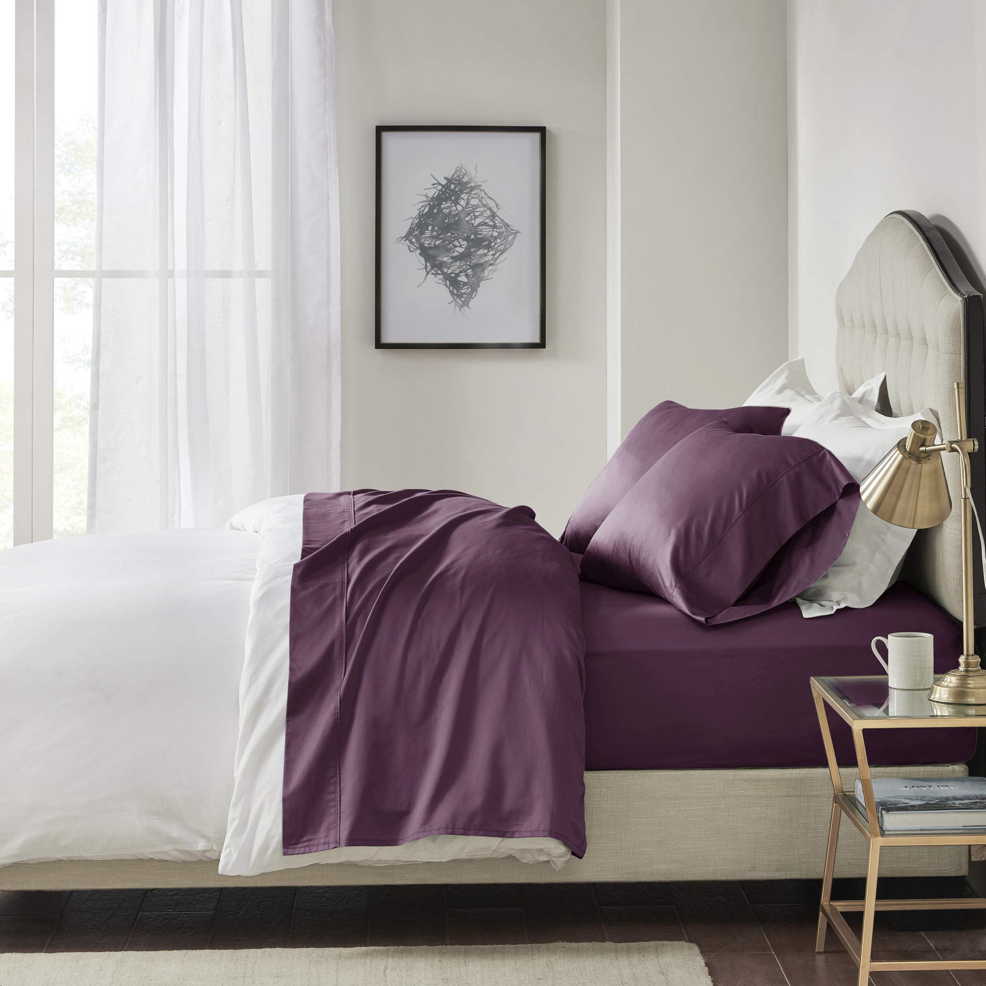 Madison Park 600 Thread Count Luxurious Hypoallergenic Ultra Soft Breathable 100% Pima Cotton 4 Piece Sheet Set, Queen, Plum