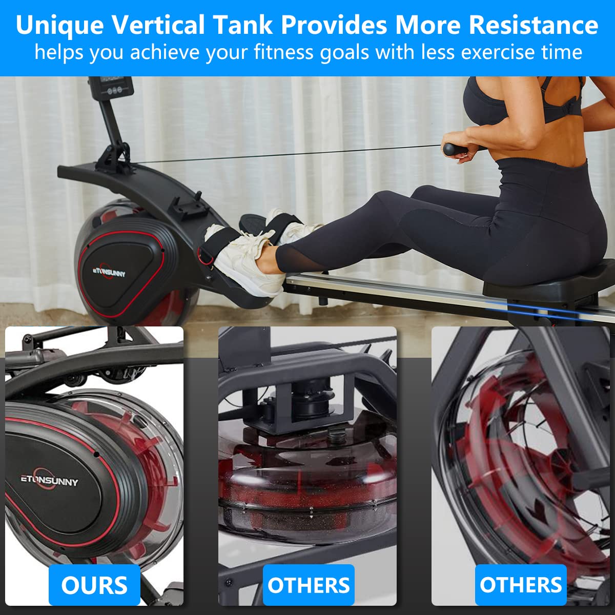 Water Rowing Machine with Bluetooth, Vertical Tank Water Rowing Machine for Home Use with Fitness APP, Support 330Lbs Weight Capacity Rower Machine with LCD Monitor, Phone Holder