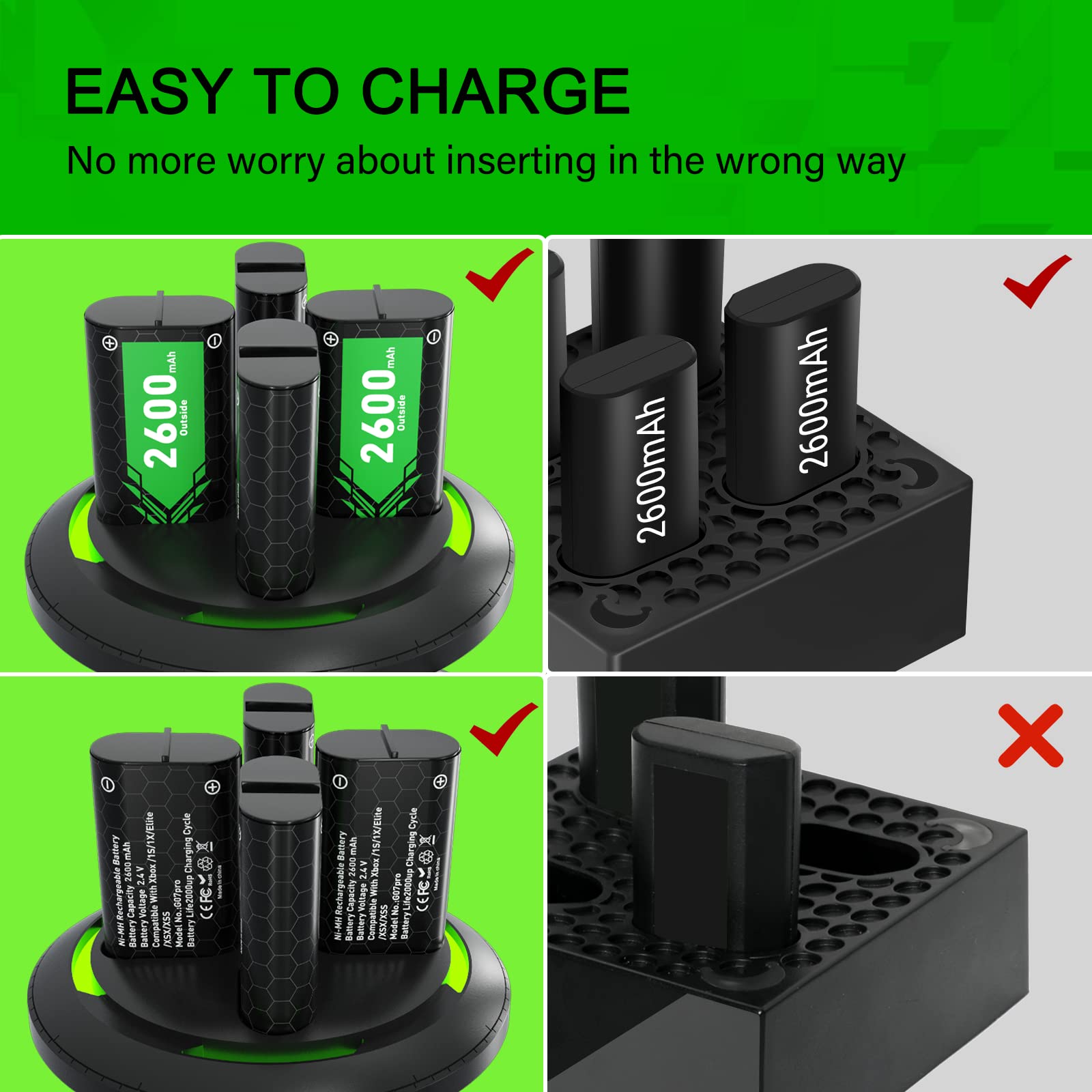 TUNROP Rechargeable Battery Packs for Xbox One Controller,4x2600mAh Xbox one Rechargeable Battery Packs, Rechargeable Batteries with Charging Dock for Xbox One/S/X/Xbox Series/S/X