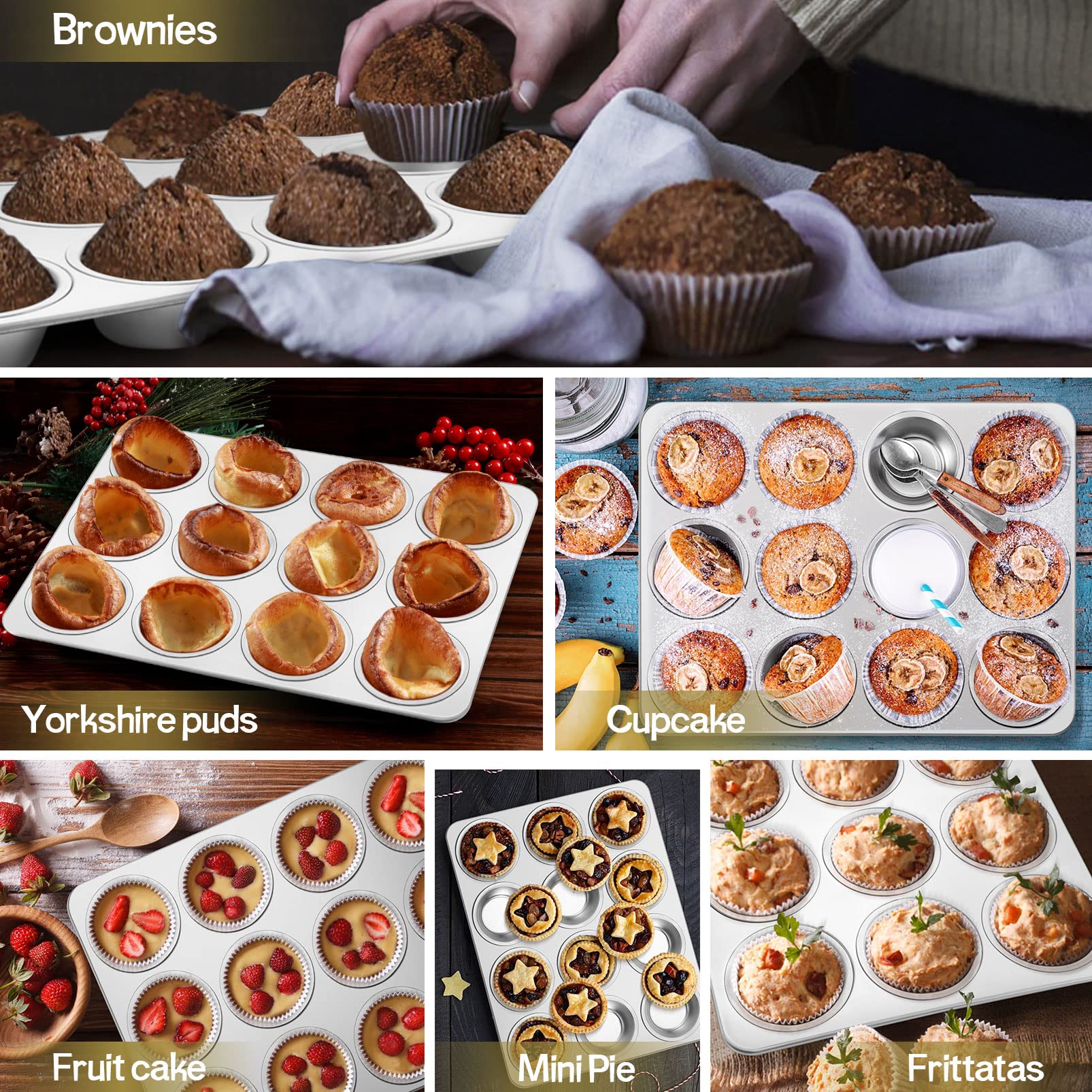 TeamFar 12-Cup Muffin Pan, Stainless Steel Cupcake Pans Muffin Tin Set for Oven Baking Mini Brownies Quiches Tarts, Non Toxic & Regular Size, Dishwasher Safe β Set of 2