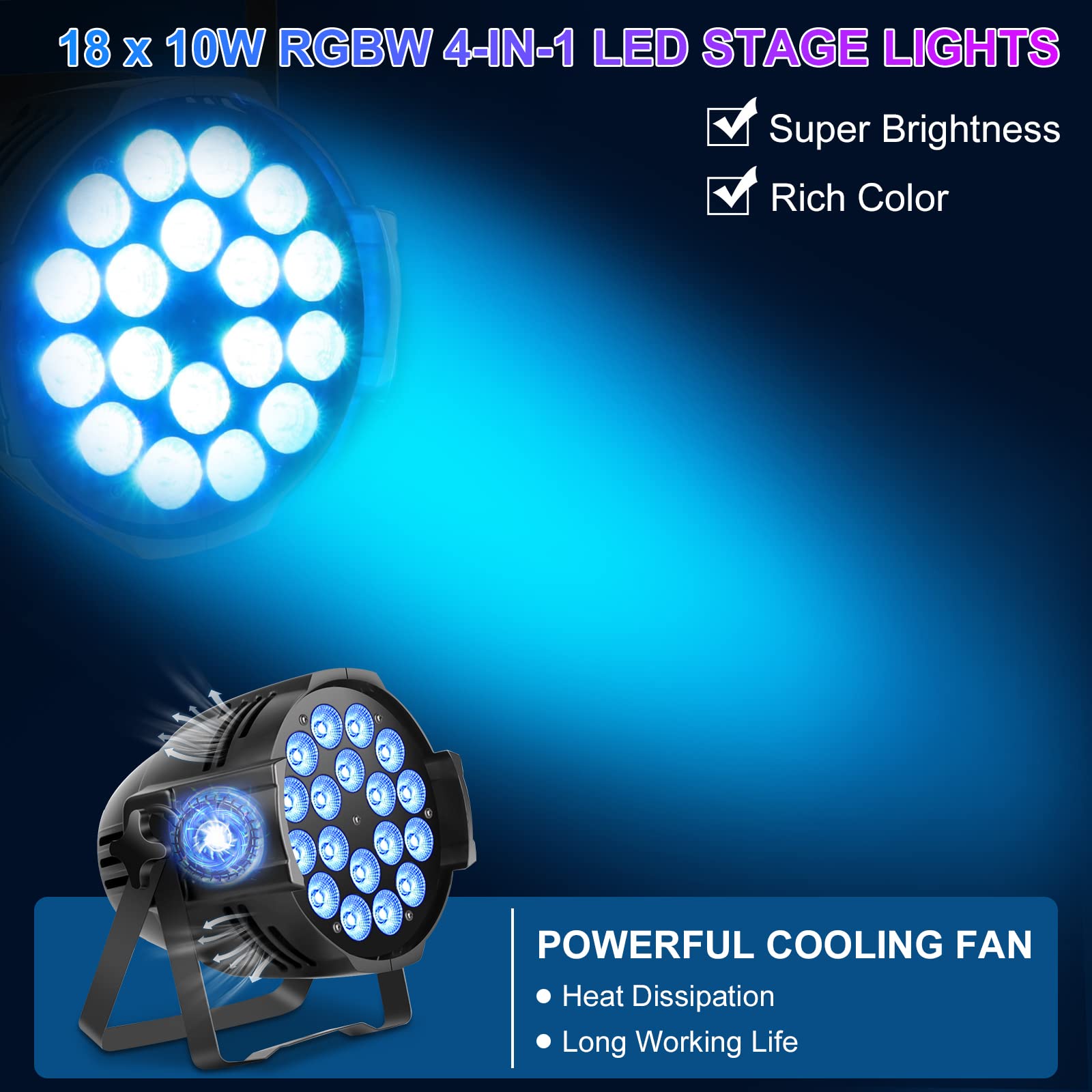 Stage Lights LED Par Light 180W RGBW 4-in-1 Uplights, HOLDLAMP Stage Lighting 4/8 Channel DMX Control Sound Activated with Remote Controller for DJ Events Party Wedding Bar Church (2 pcs)