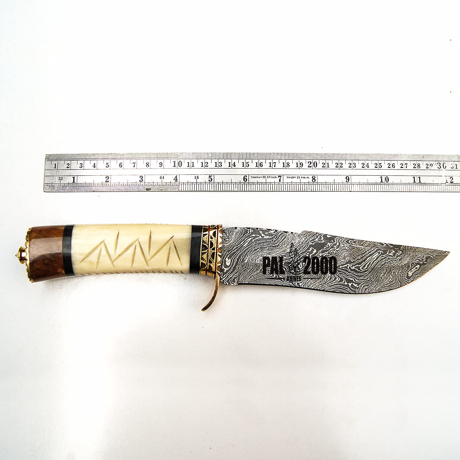 PAL 2000 KNIVES BOW-9482 Handmade Damascus Steel Fixed Blade Hunting Knife Camel Bone Handle with Sheath