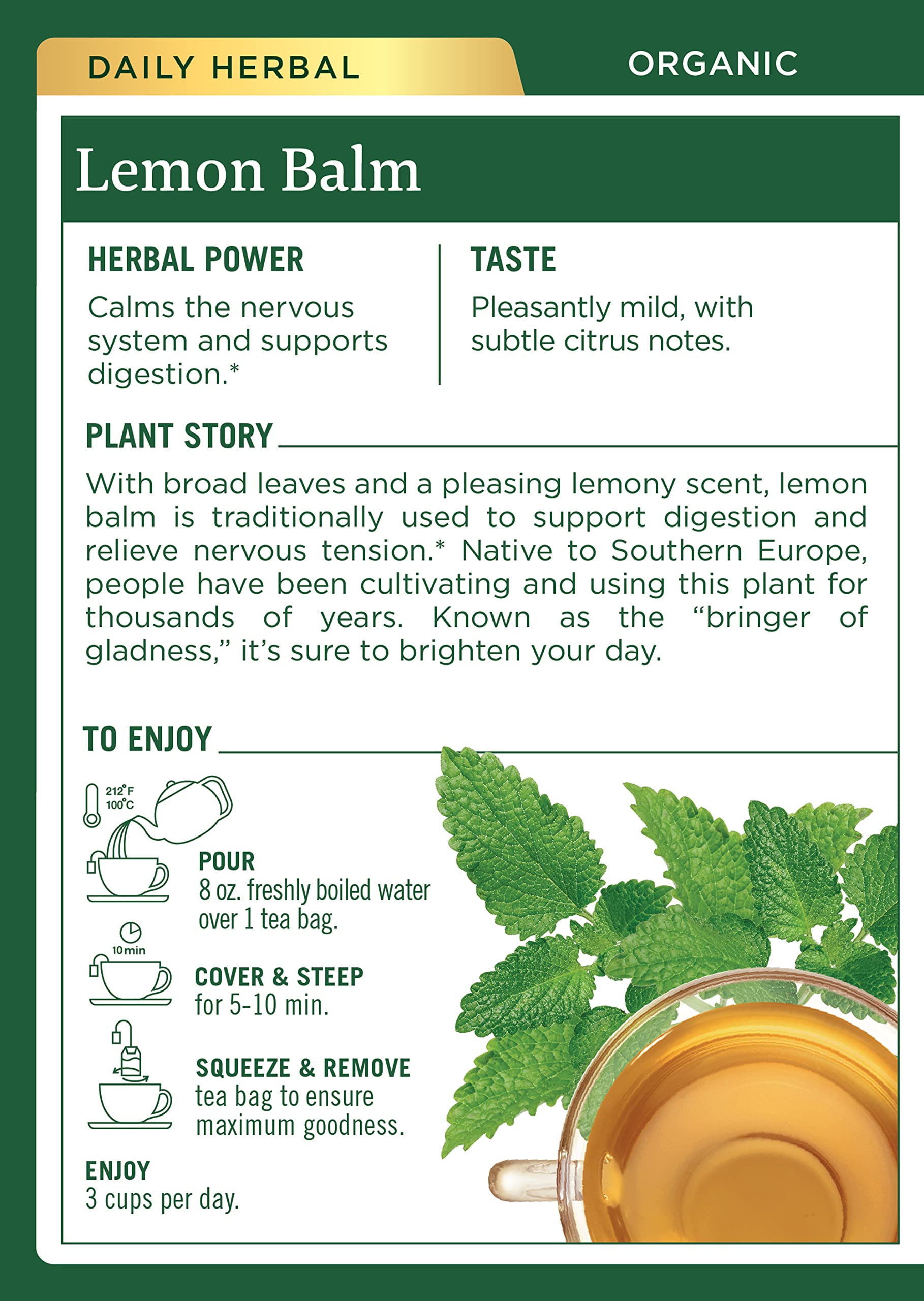 Traditional Medicinals Organic Lemon Balm Herbal Tea, Calming and Supports Digestion, (Pack of 3) - 48 Tea Bags Total