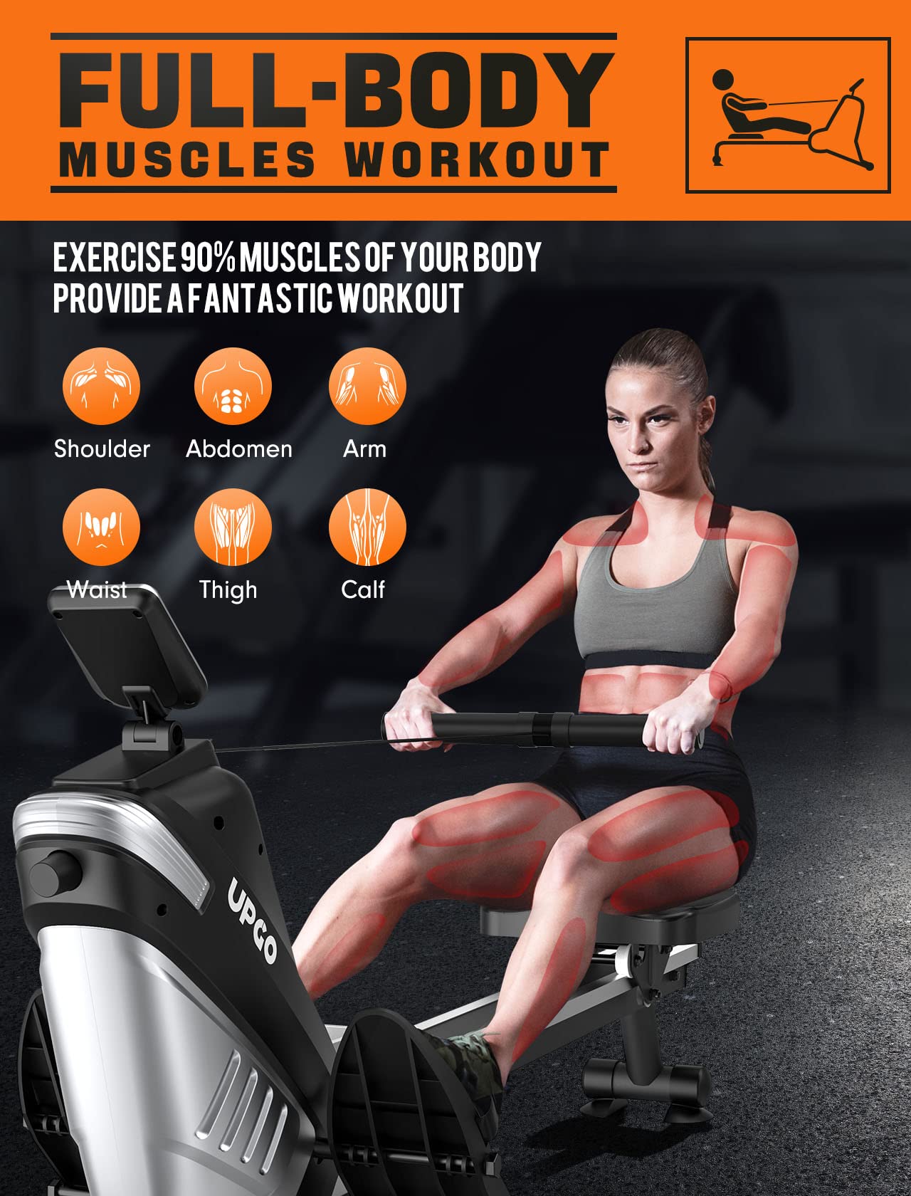 UPGO Rowing Machine for Home Use, Rower with 8 Level Adjustable Quiet Magnetic Resistance, Ergonomic Seat & LCD Monitor, 300 LB Weight Capacity