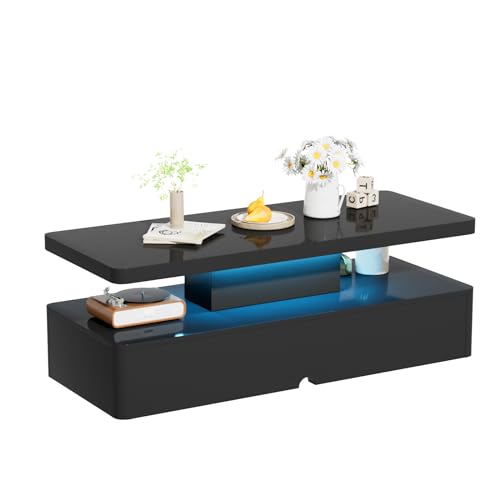 oneinmil Modern Stylish Coffee Table with 16 Colors LED Lights, Double-Layer Design for Living Room, Black