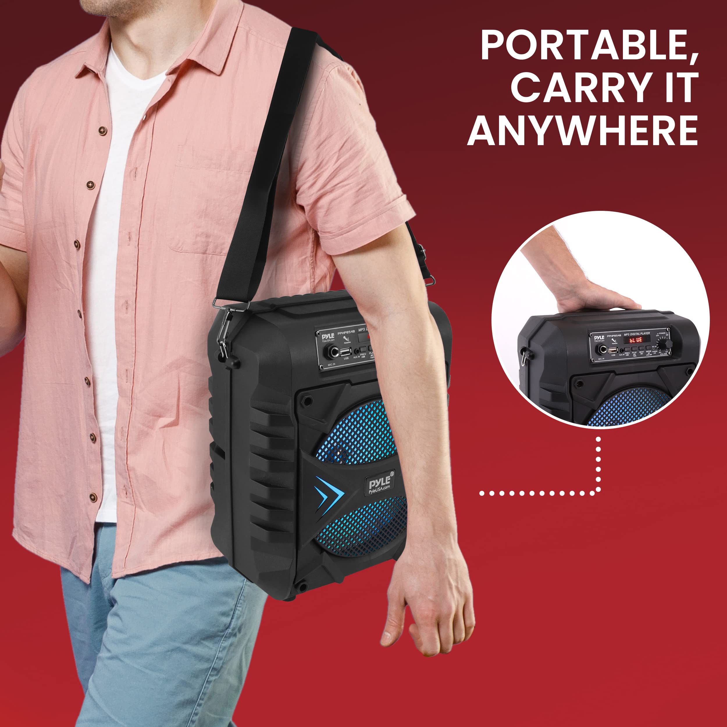 Pyle Portable Bluetooth PA Speaker System - 300W Rechargeable Indoor/Outdoor Bluetooth Speaker Portable PA System w/ 8β Subwoofer, AUX, Microphone in, Party Lights, MP3/USB, Radio, Remote PPHP854B