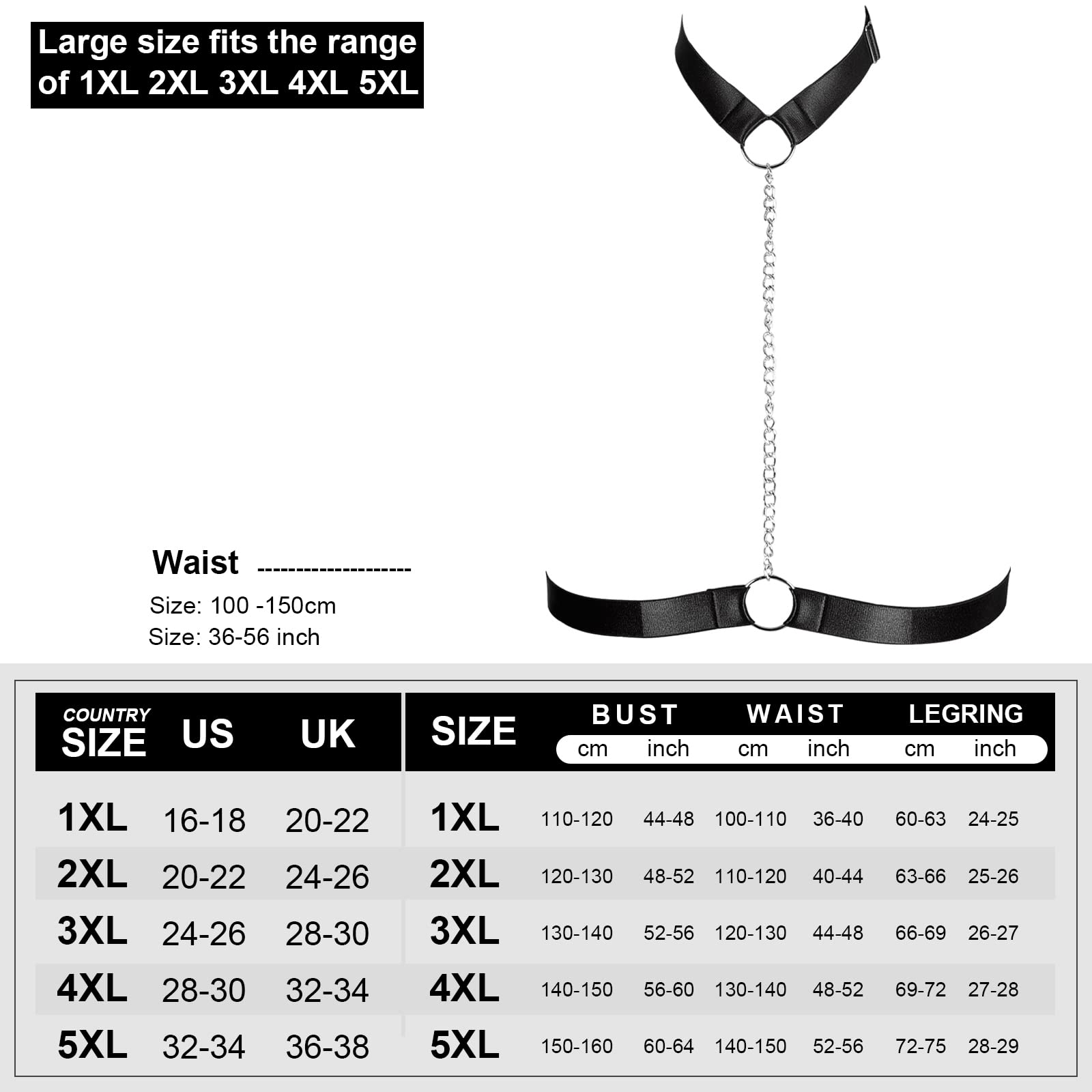 Plus Size Women Harness Top Body Chain Goth Rave Adjustable Body for Women and Girls (Black)